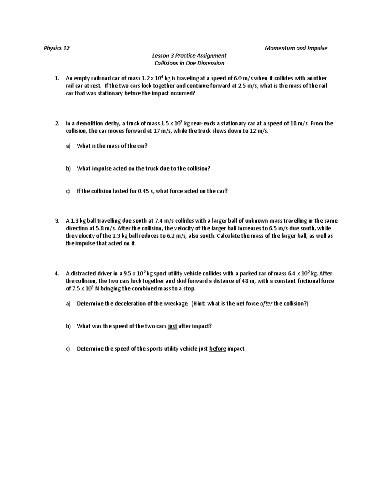 Assignment - 8 - Physics - 12 - Physics 12 Momentum and Impulse Lesson ...