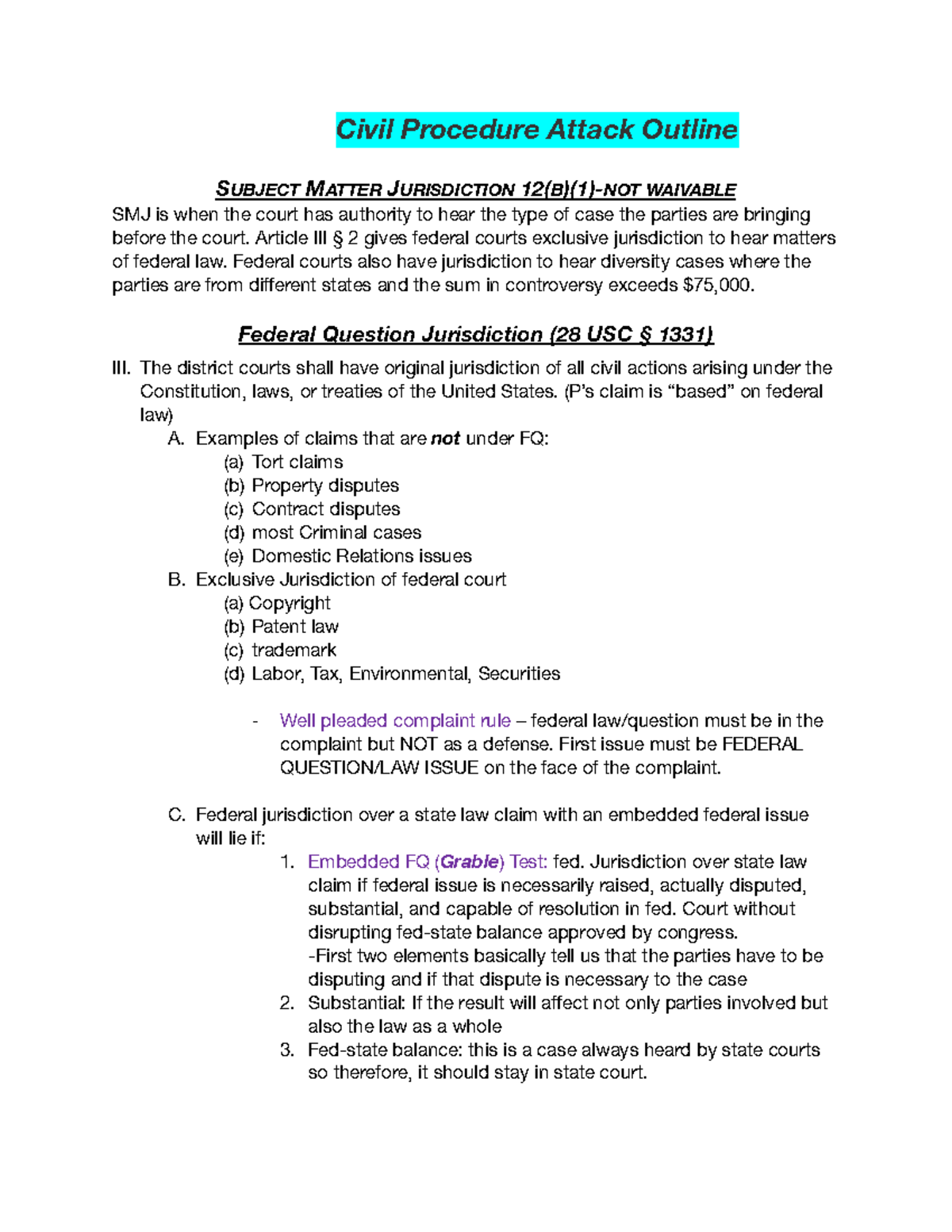 Attack outline - Civil Procedure Attack Outline SUBJECT MATTER ...