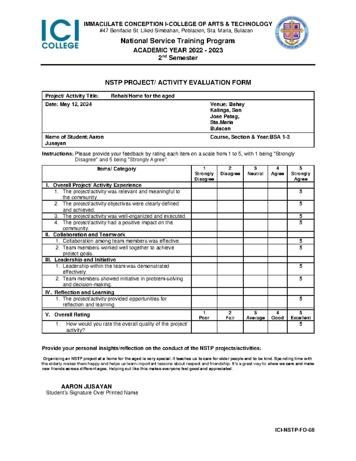ICI NSTP FO 08 Project Activity Evalaution Form 1 - IMMACULATE ...