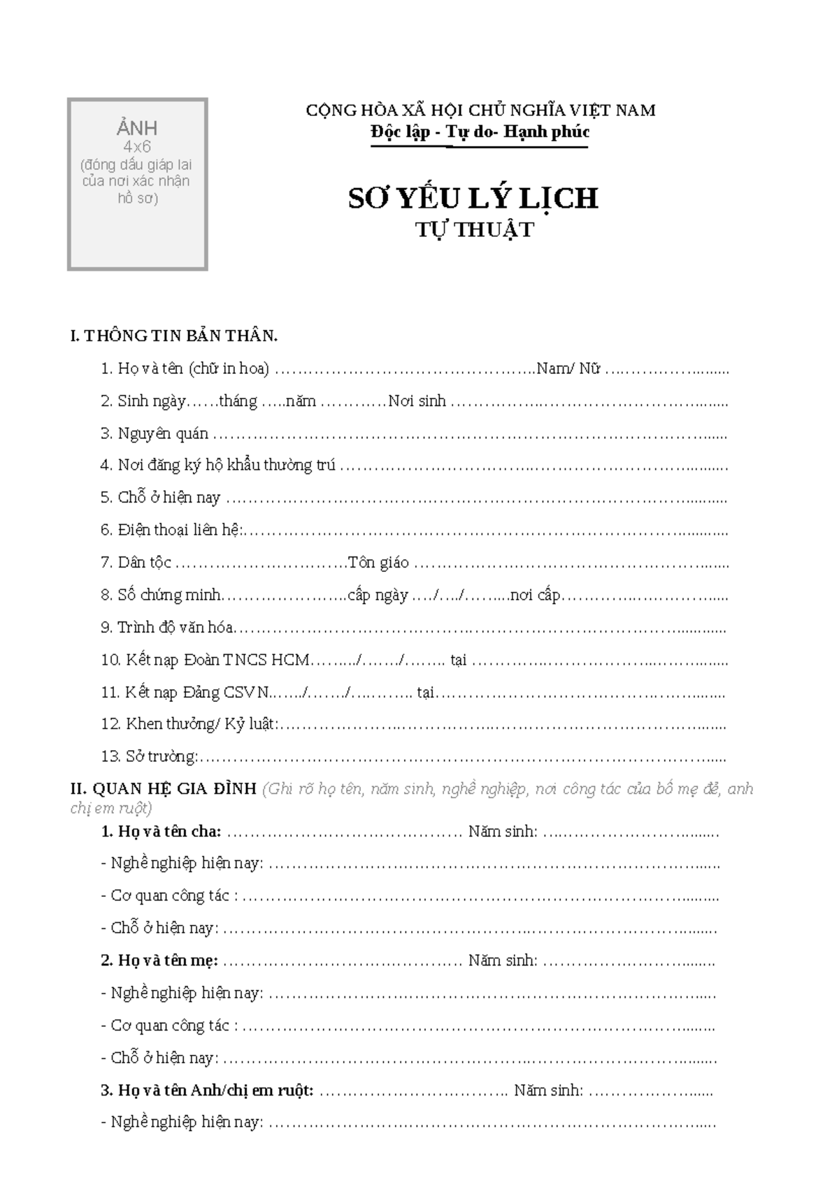 Mau-so-yeu-ly-lich-tu-thuat - C ỘNG HÒA XÃ H ỘI CH Ủ NGHĨA VI ỆT NAM Đ c l p - Tộ ậ ự do- H nh ...