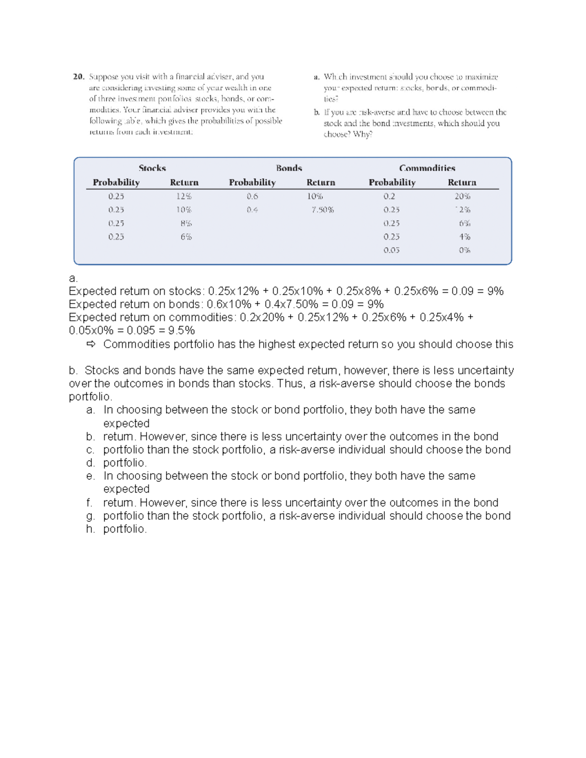 Exercise 20 - Chapter - a. Expected return on stocks: 0% + 0% + 0% + 0% ...