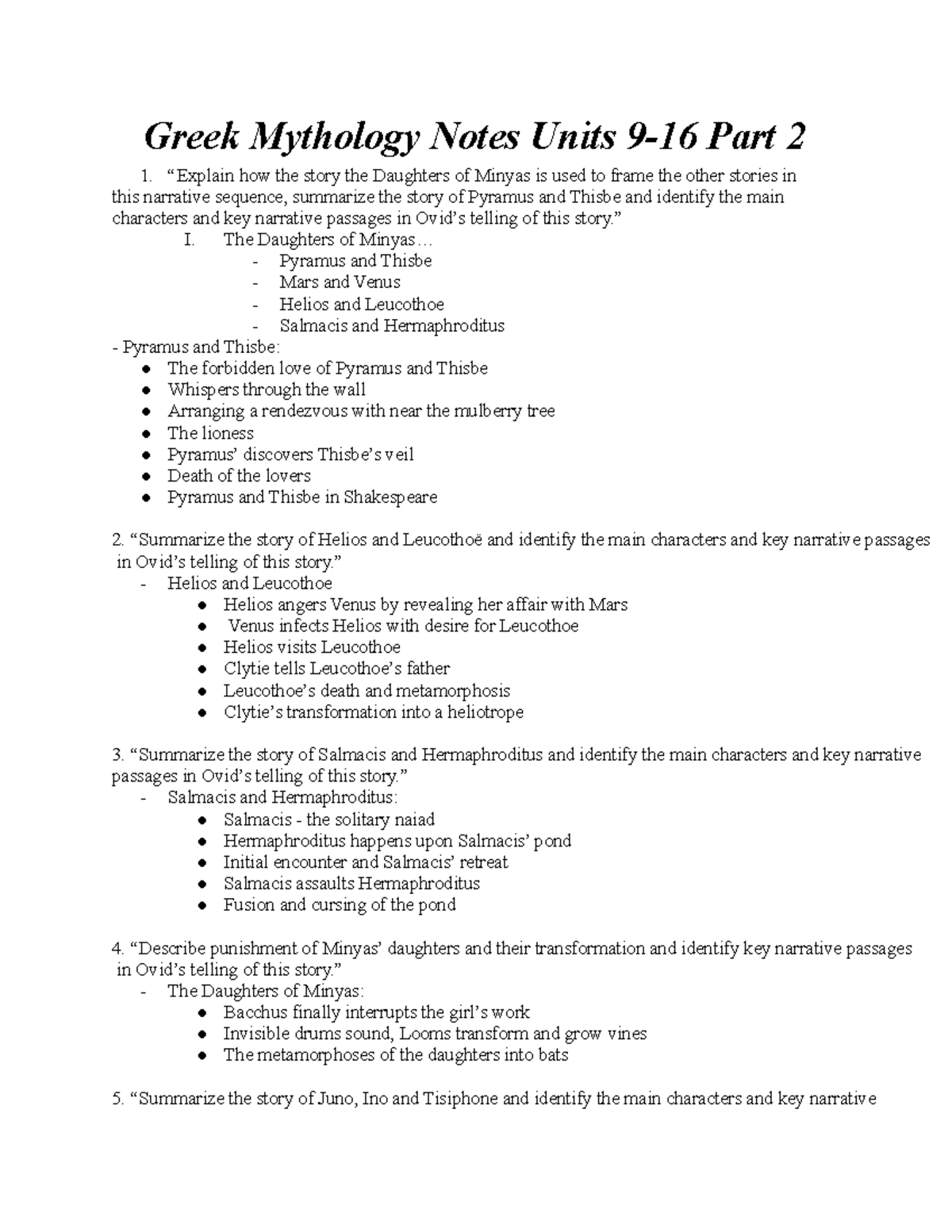 Greek Mythology Notes Units 9-16 Part 2 - ” I. The Daughters of Minyas ...