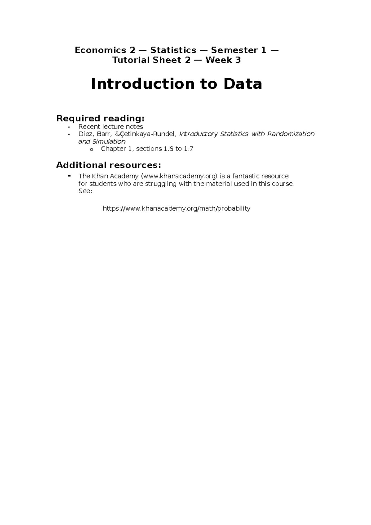 Statistics Tutorial 2 Questions - Economics 2 — Statistics — Semester 1 ...