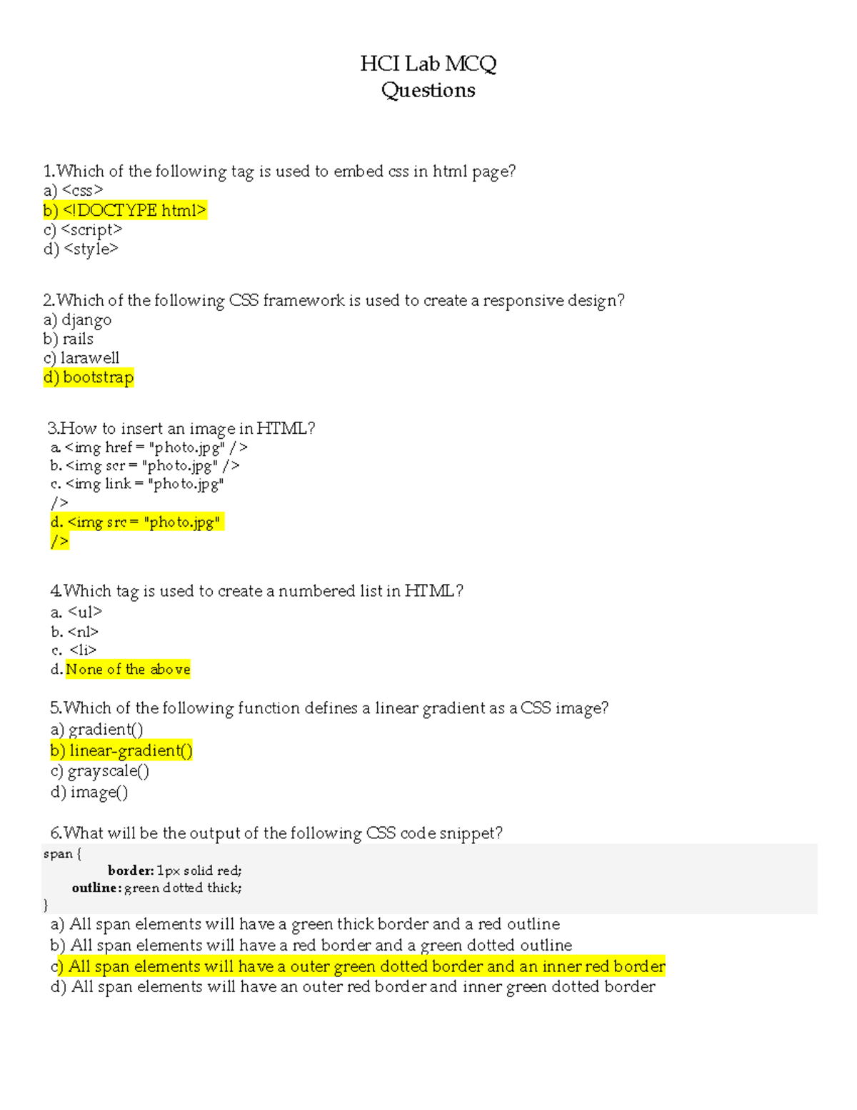 HCI Lab MCQ Questions - easy - HCI Lab MCQ Questions 1 of the following tag is used to embed css ...