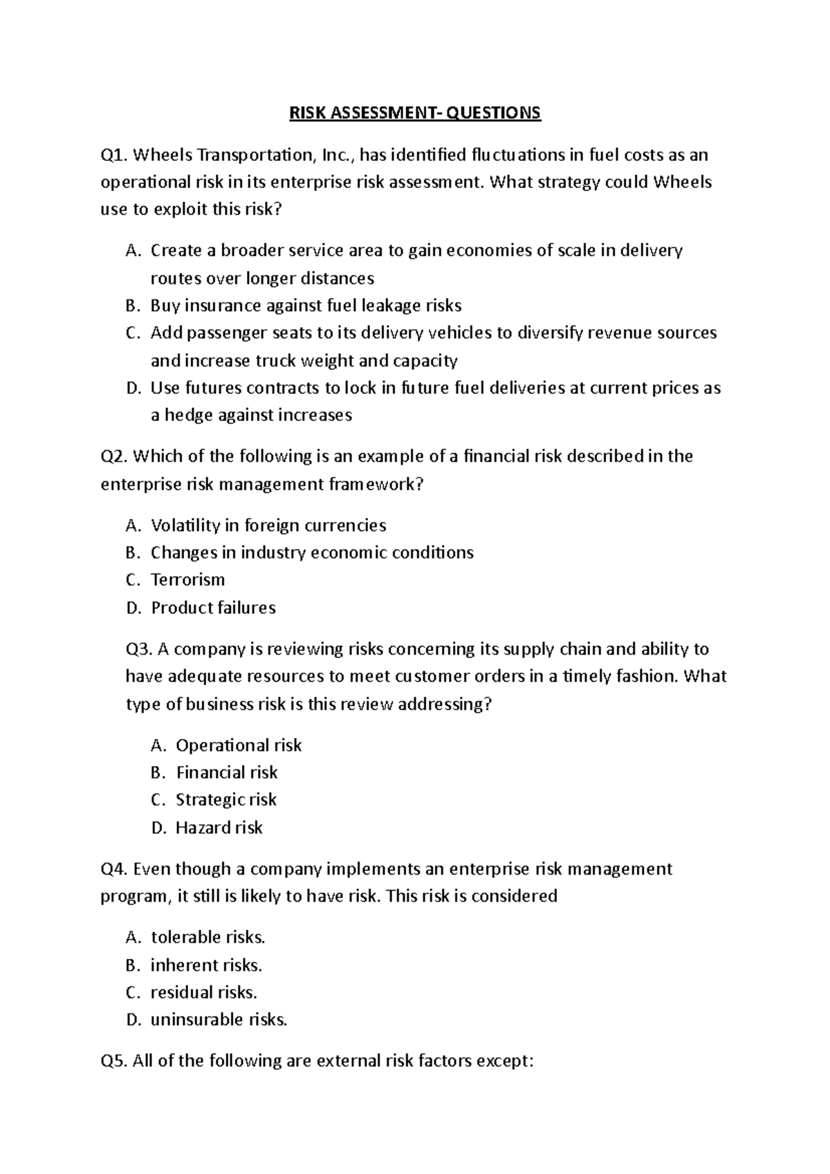 Sample/practice exam 1 February 2019, questions - RISK ASSESSMENT ...