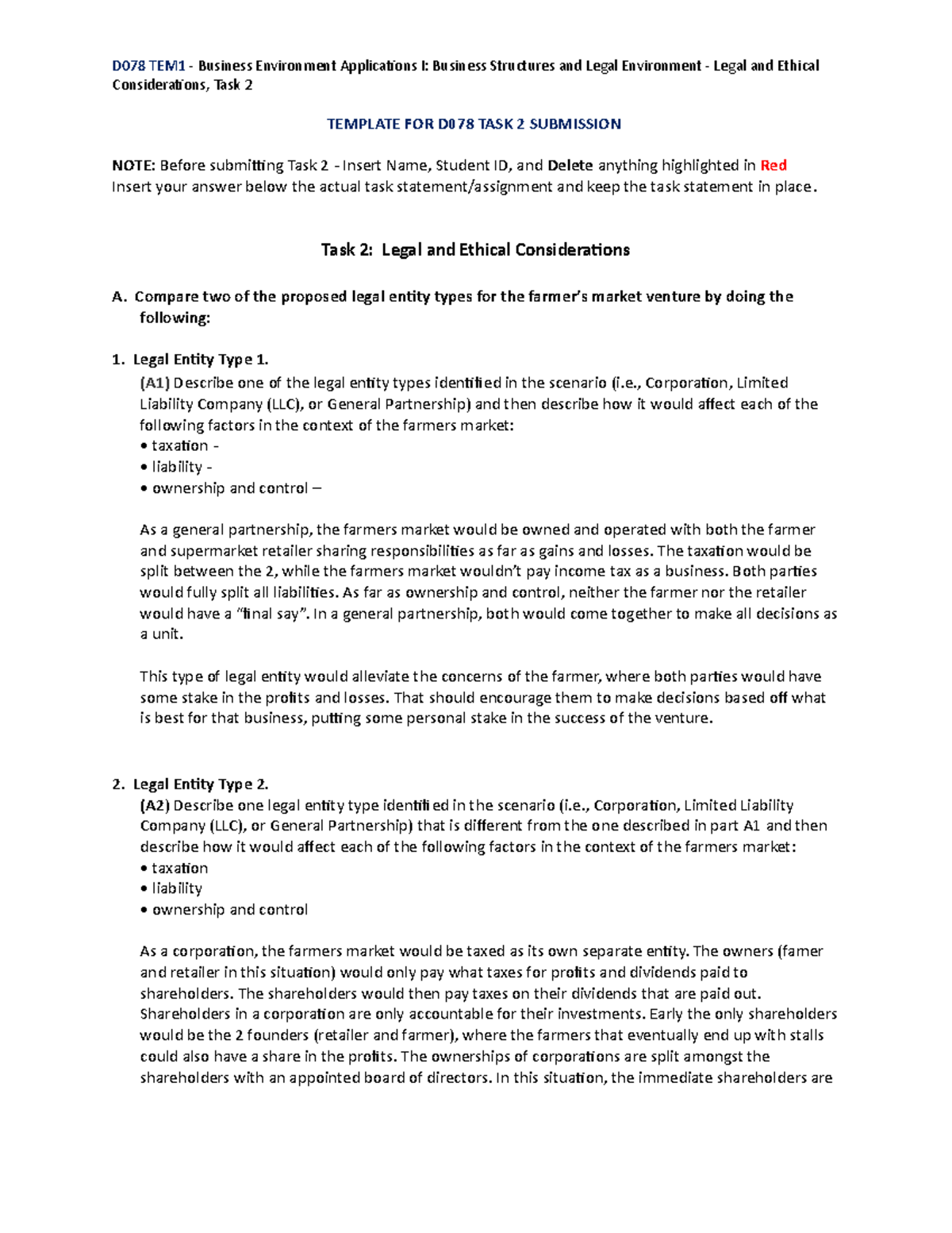 D078 Task 2 - Task 2 - D078 TEM1 - Business Environment Applications I ...