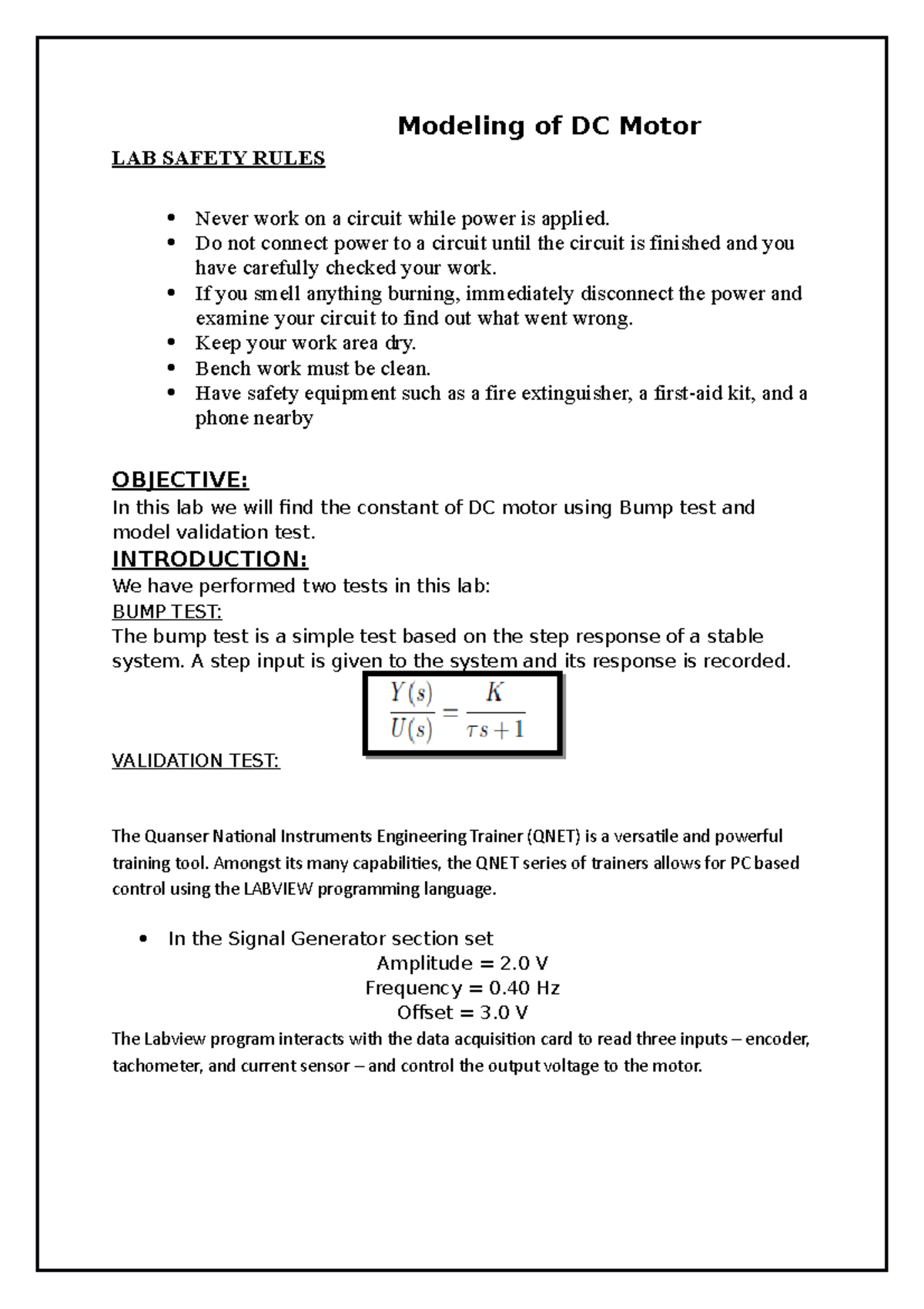 Lab 4 control - Modeling of DC Motor LAB SAFETY RULES Never work on a ...