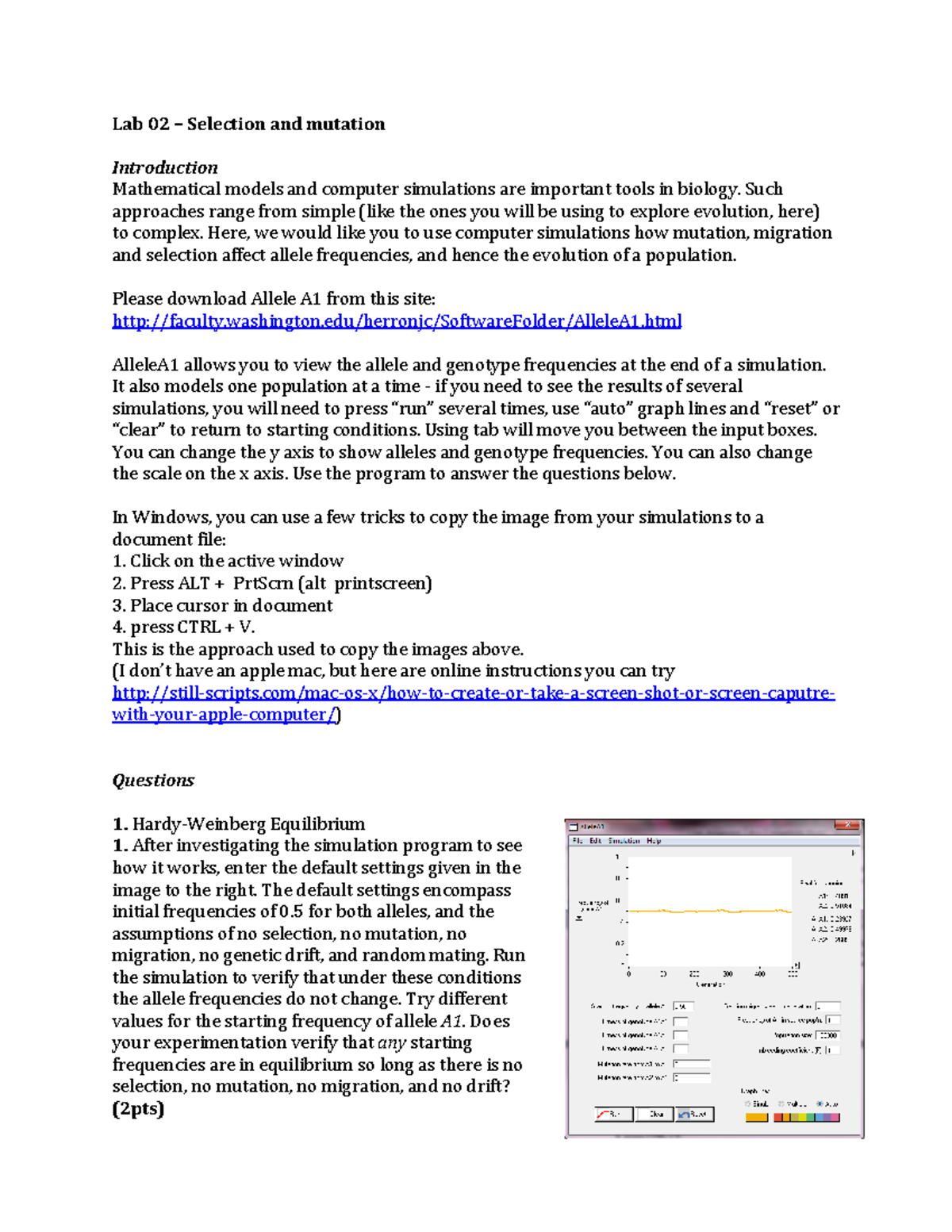 Lab02 selection and mutation key - Lab 02 – Selection and mutation Introduction Mathematical ...