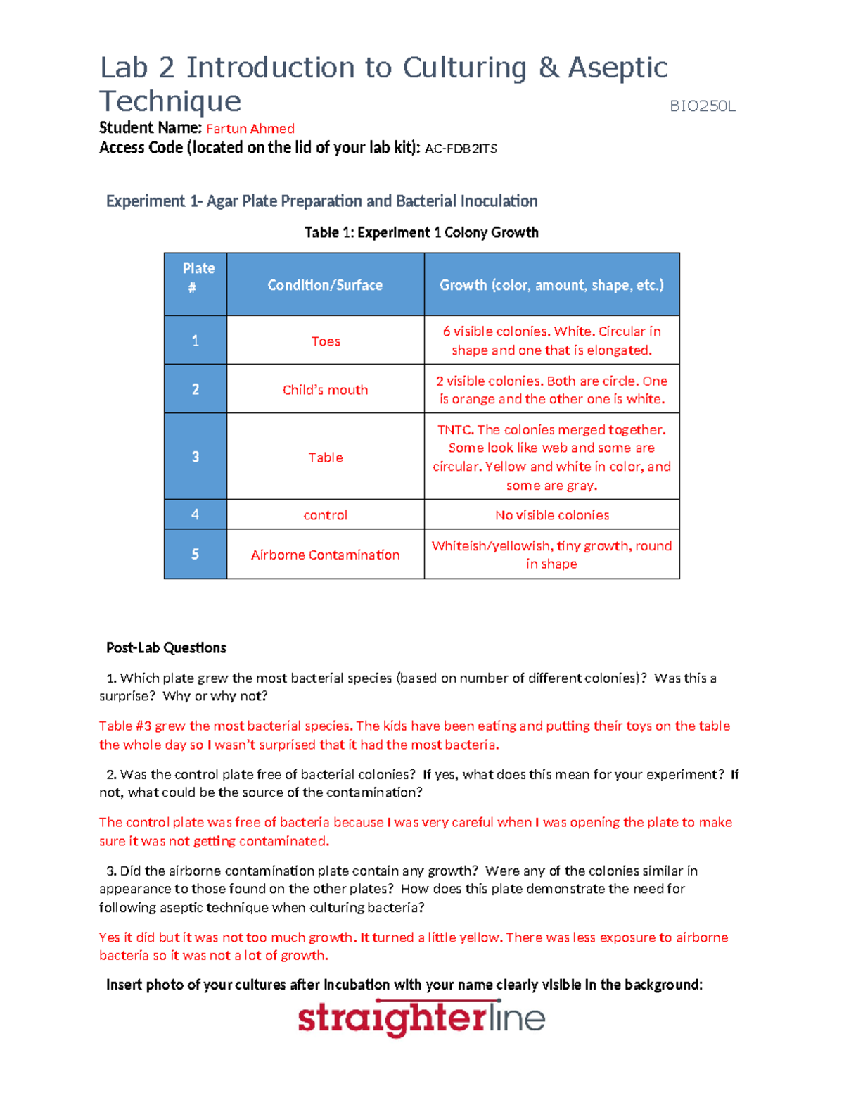 Micro lab 2 - straighterline - Technique “BIO250L” Student Name: Fartun ...