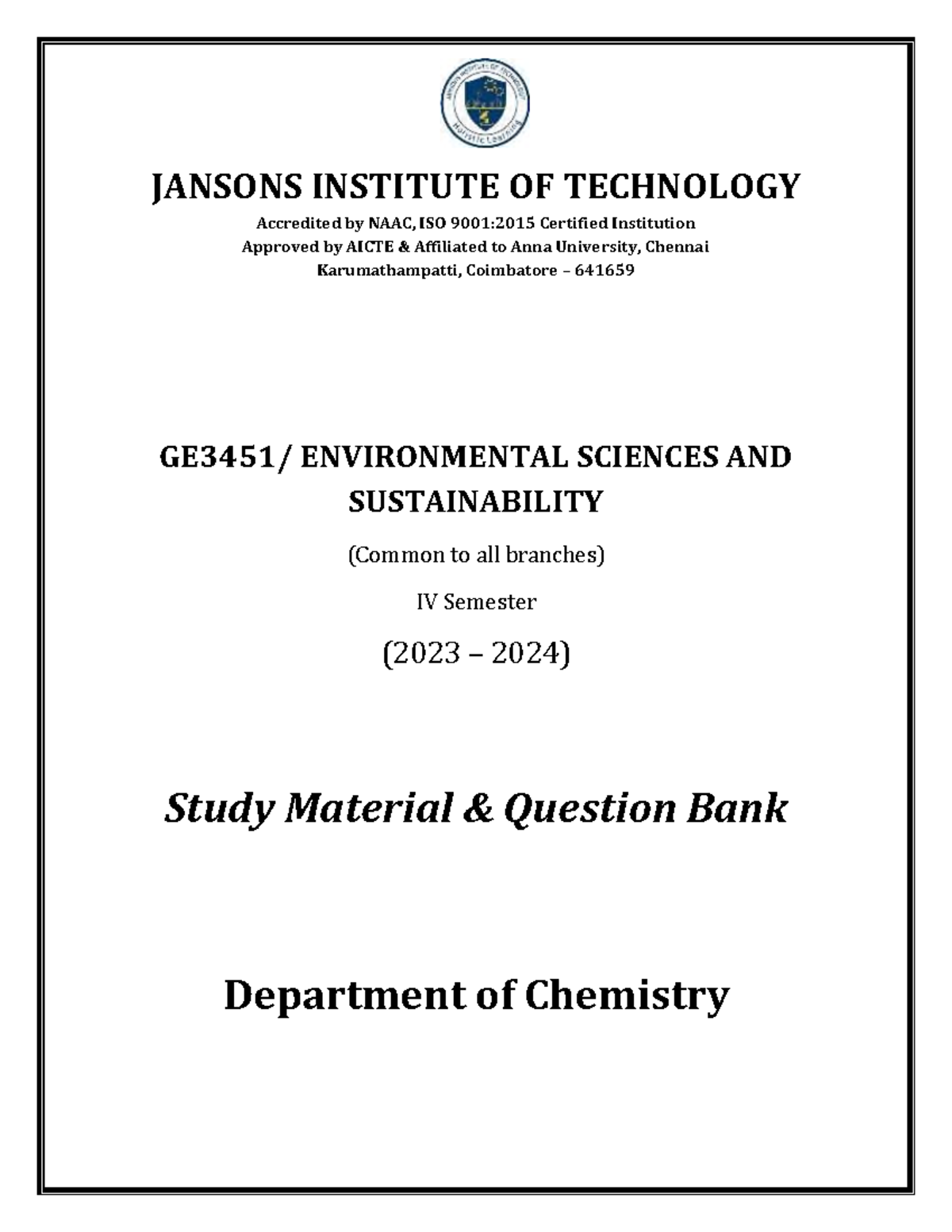 GE3451 ESS Study Material - JANSONS INSTITUTE OF TECHNOLOGY Accredited ...