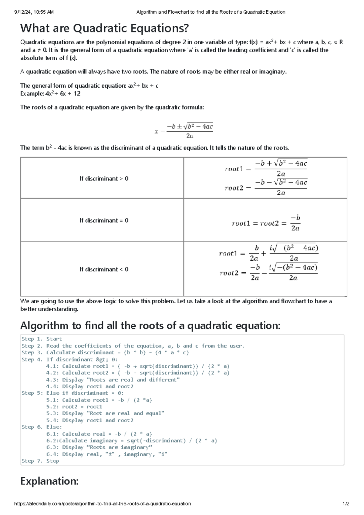 Algorithm and Flowchart to find all the Roots of a Quadratic Equation ...