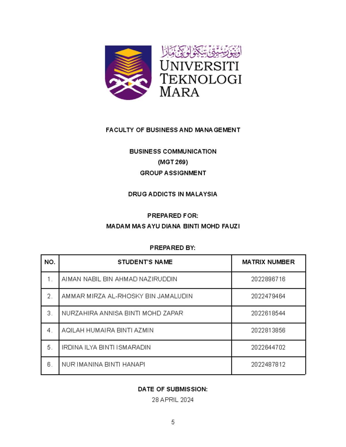 MGT269 Assignment Group 3 - FACULTY OF BUSINESS AND MANAGEMENT BUSINESS COMMUNICATION (MGT 269 ...