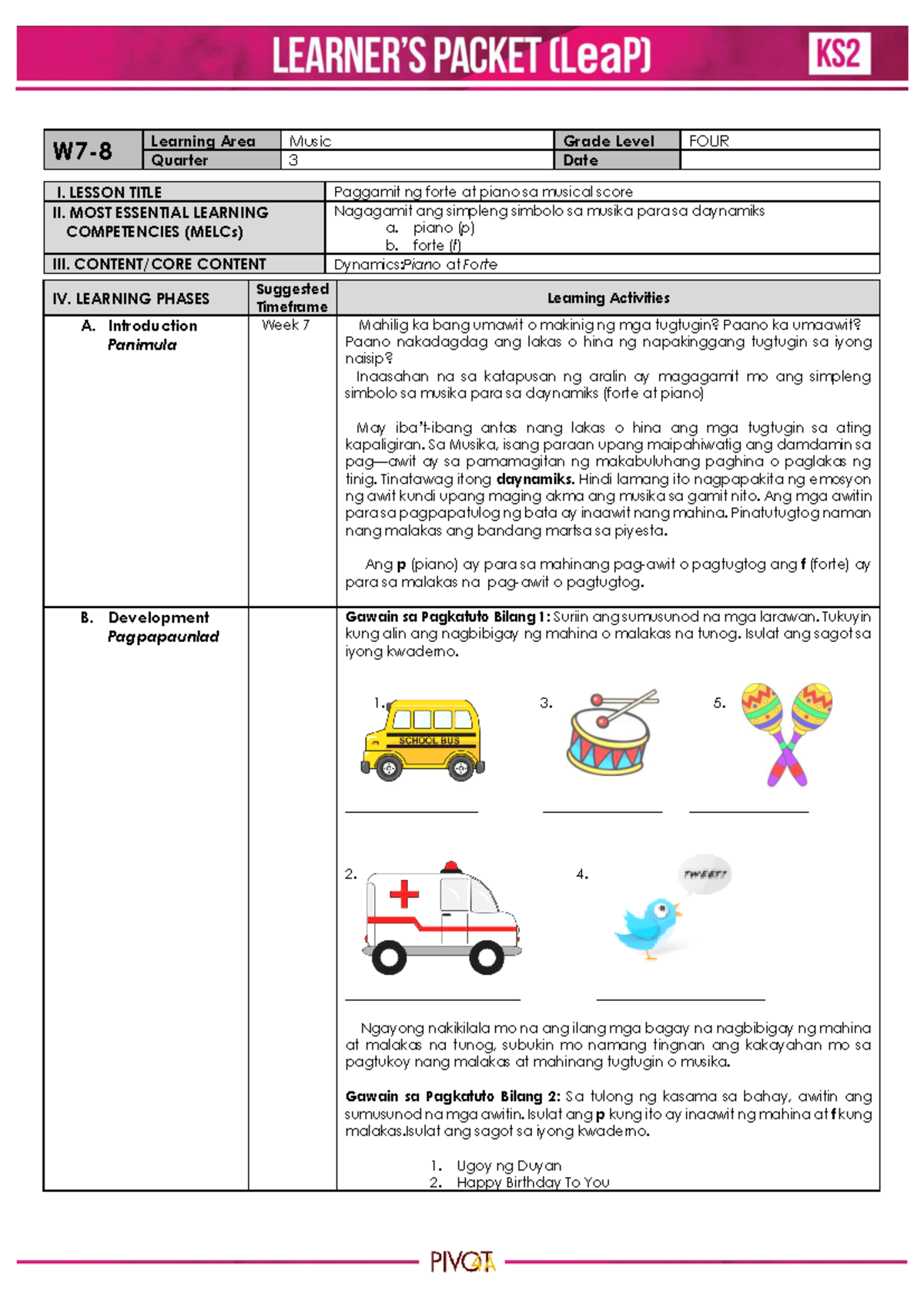 Lea P Music G4 Weeks 7 8 Q3 - W7- 8 Learning Area Music Grade Level ...