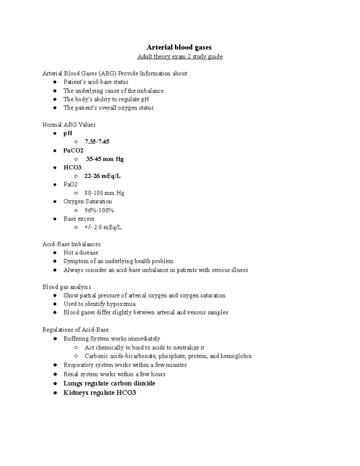 Arterial blood gases -Adult theory exam 2 study guide - Arterial blood ...