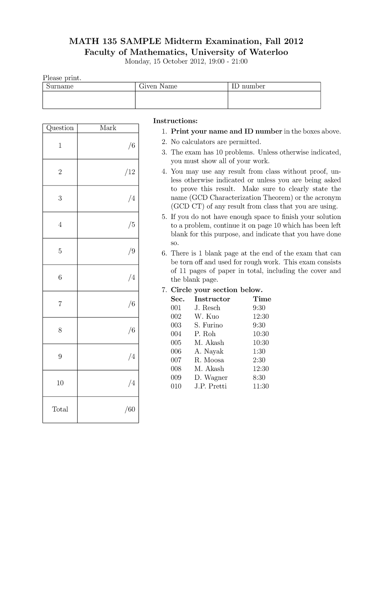 MATH135 F12 Midterm Sample - MATH 135 SAMPLE Midterm Examination, Fall ...
