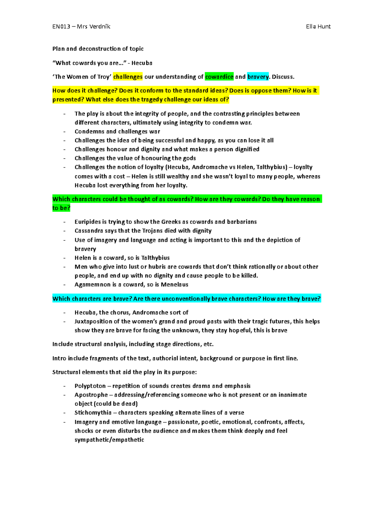 Plan2 - A sample topic for The Women of Troy (written by Euripides and ...