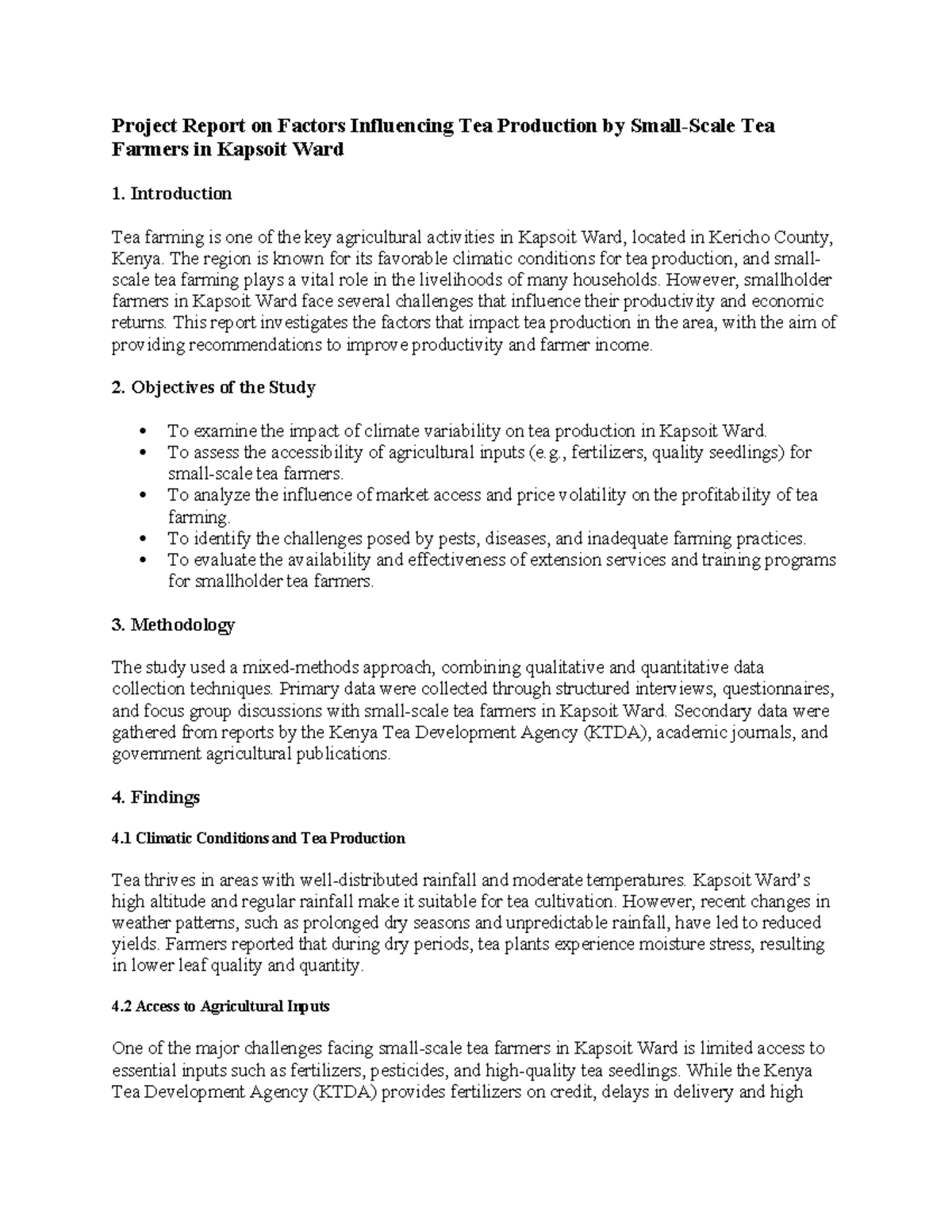 Project Report on Factors Influencing Tea Production by Small ...