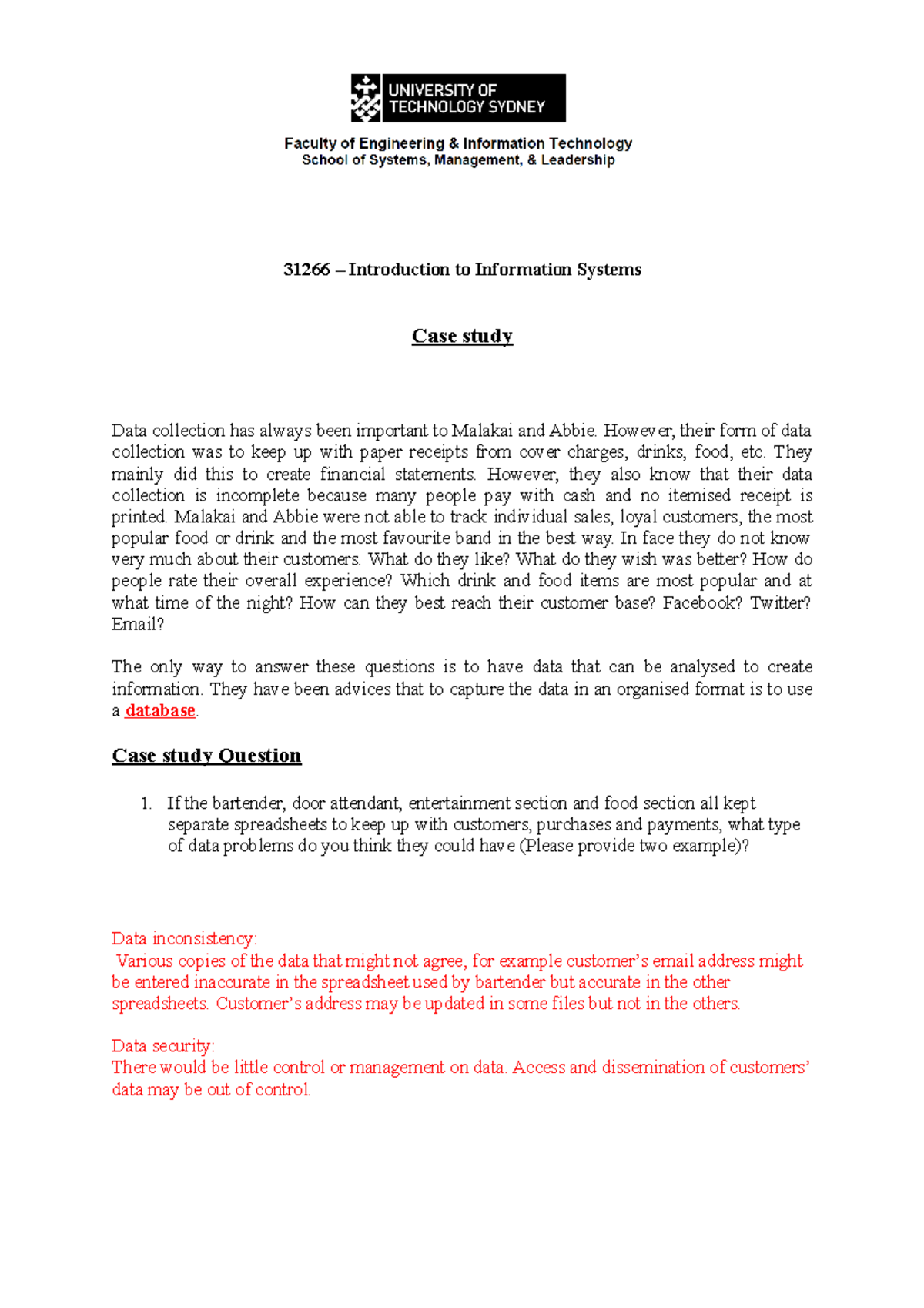 31266 Tutorial 5 Answers 2019 - 31266 – Introduction to Information Systems Case study Data ...