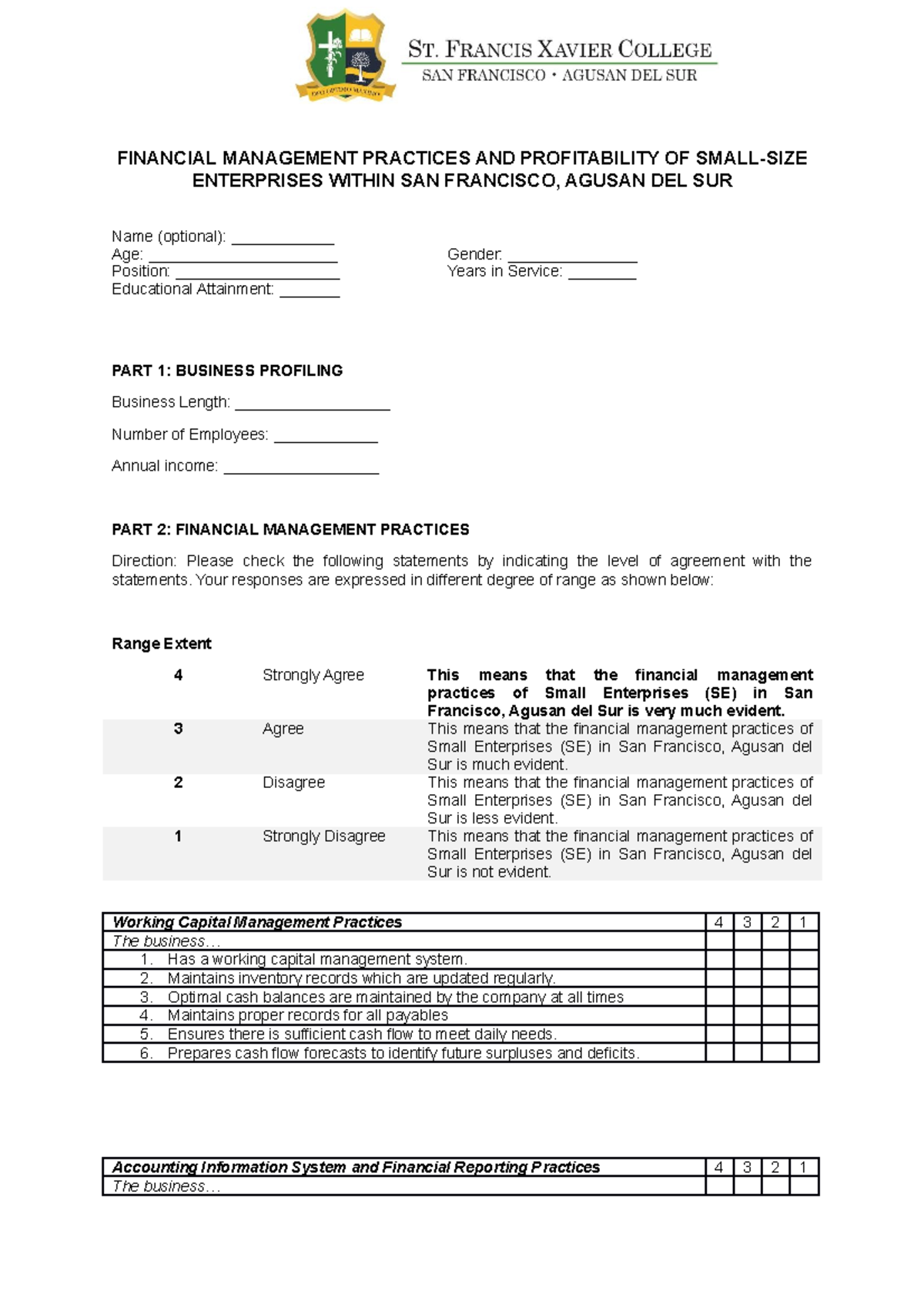 Final questionnaire - FINANCIAL MANAGEMENT PRACTICES AND PROFITABILITY OF SMALL-SIZE ENTERPRISES ...