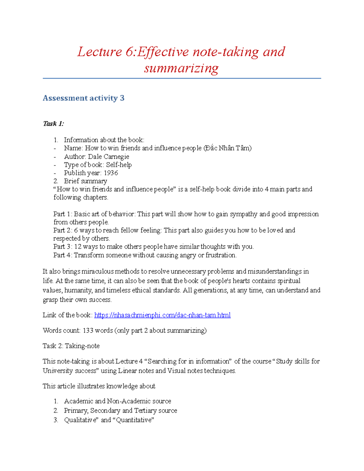 Lecture 6s assessment - Lecture 6:Effective note-taking and summarizing ...