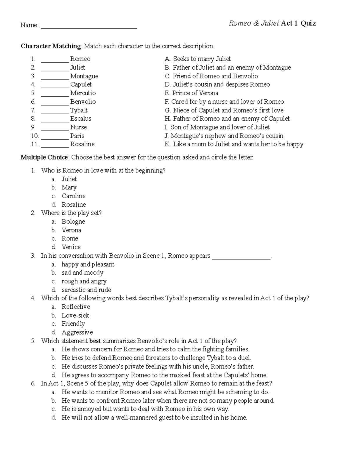 Romeo & Juliet Act 1 Quiz - Name ...
