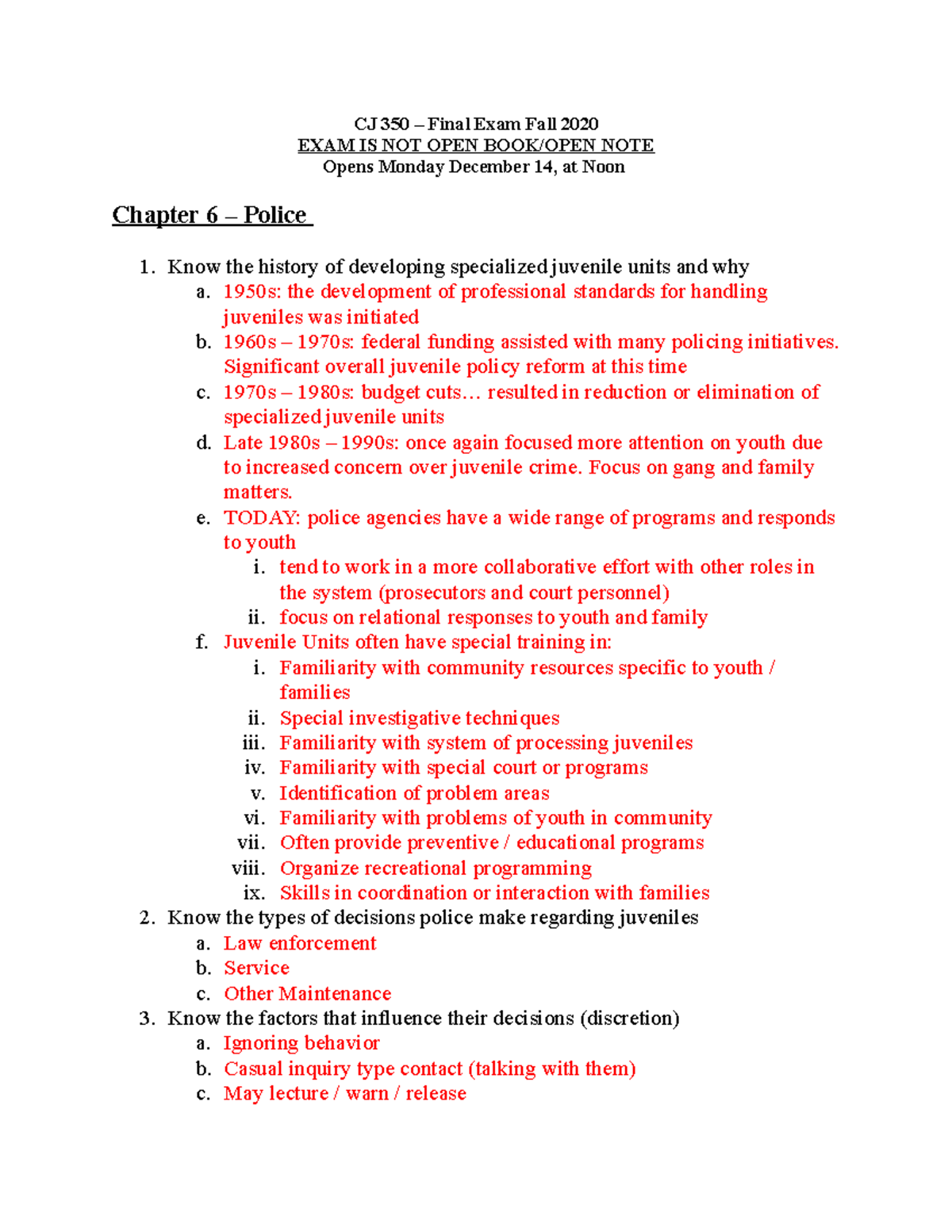 CJ 350 - final exam study guide - CJ 350 – Final Exam Fall 2020 EXAM IS ...