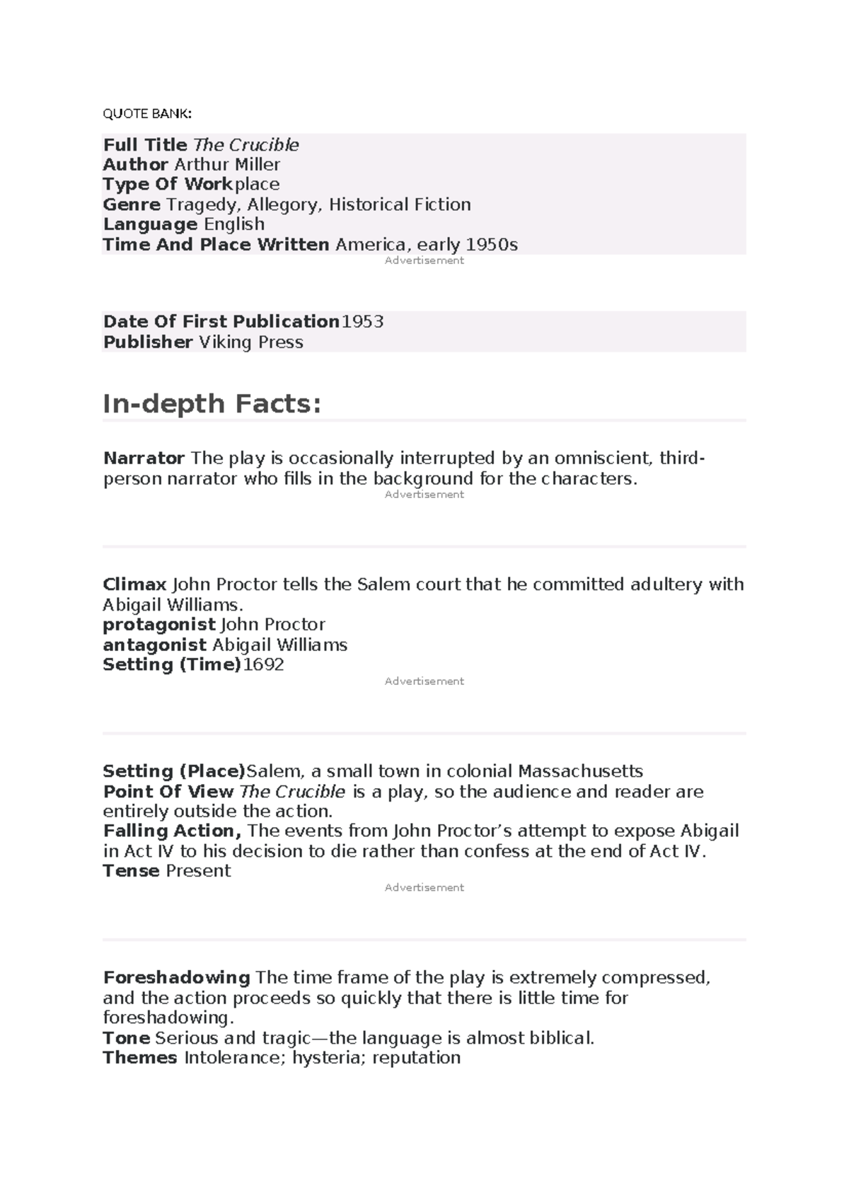 Quote BANK crucible exams - QUOTE BANK: Full Title The Crucible Author ...