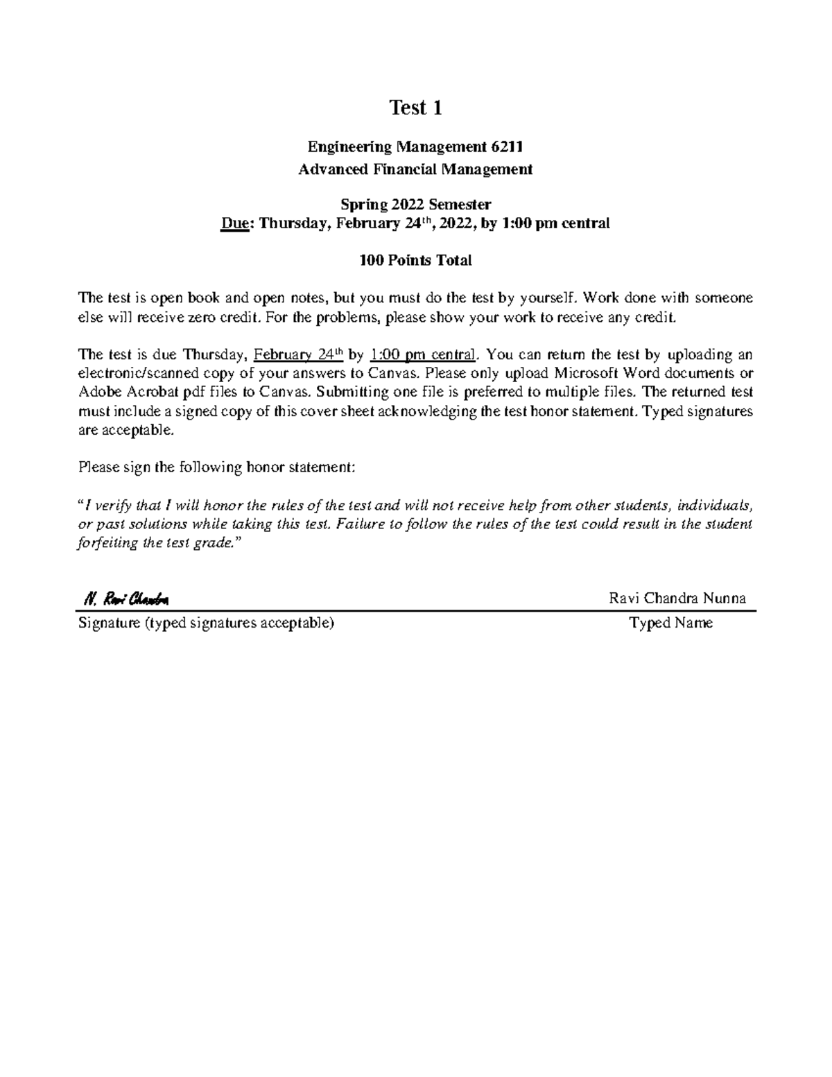 ENG MGT 6211 Test 1 - Test 1 Engineering Management 6211 Advanced ...