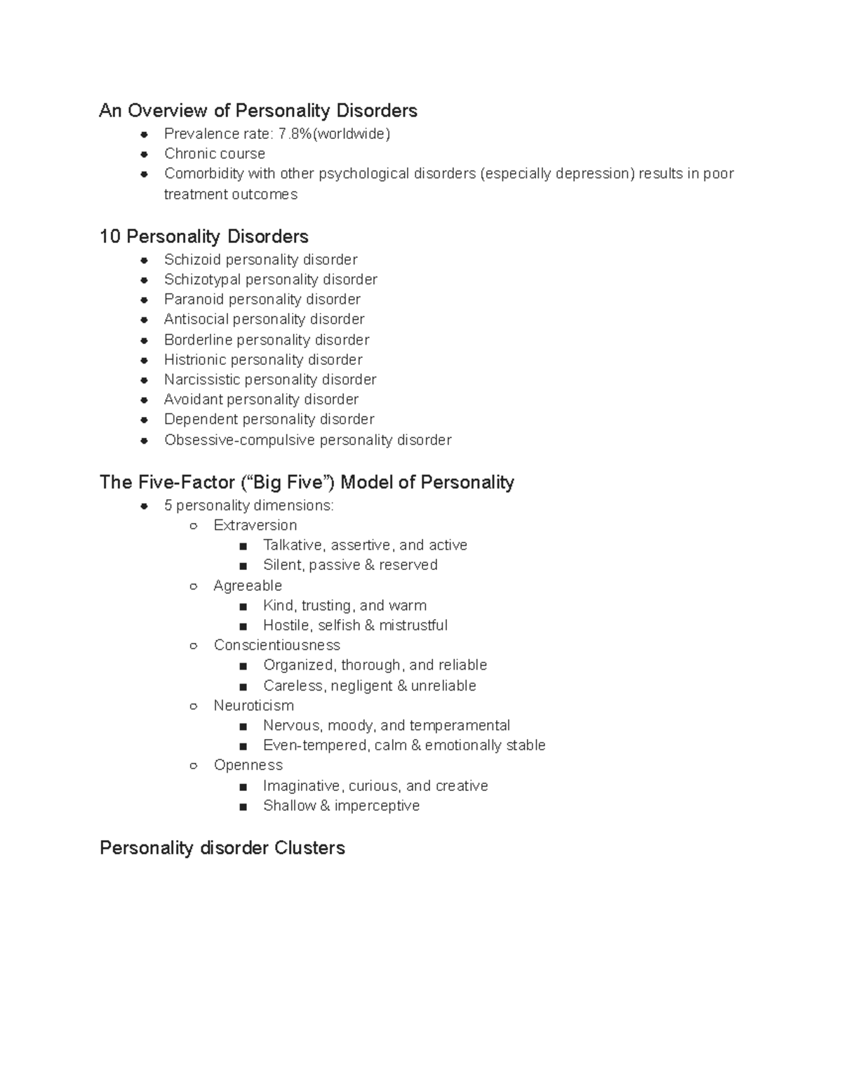Notes 6 - An Overview of Personality Disorders Prevalence rate: 7% ...
