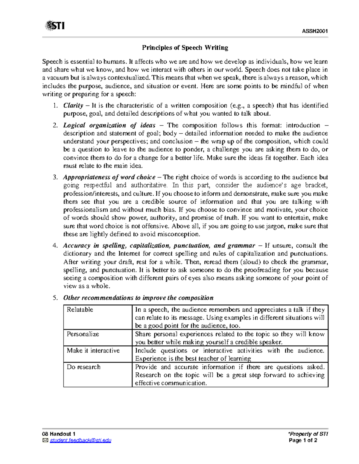 Principle speech - ASSH 2001 08 Handout 1 *Property of STI student@sti ...