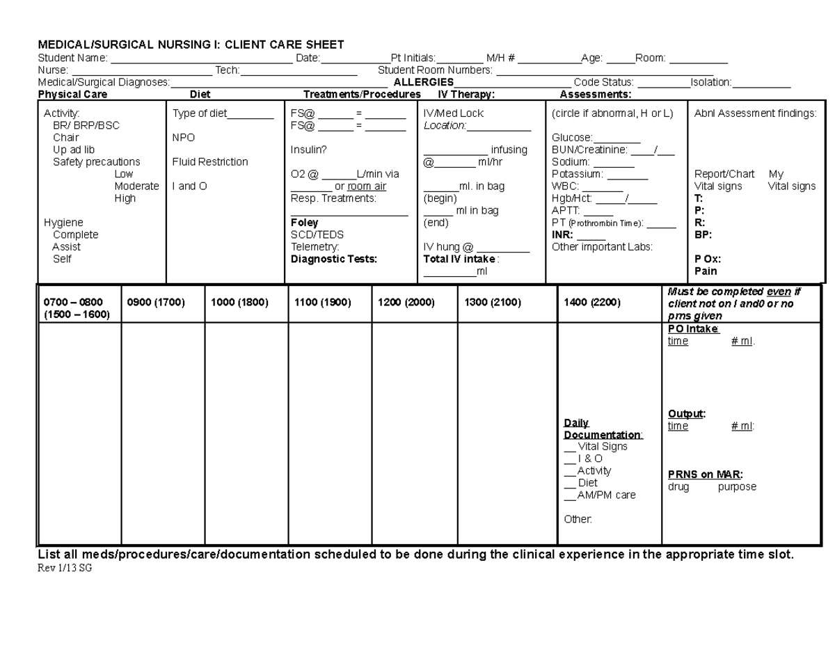 Client Care WS REV(1) - meds - MEDICAL/SURGICAL NURSING I: CLIENT CARE ...