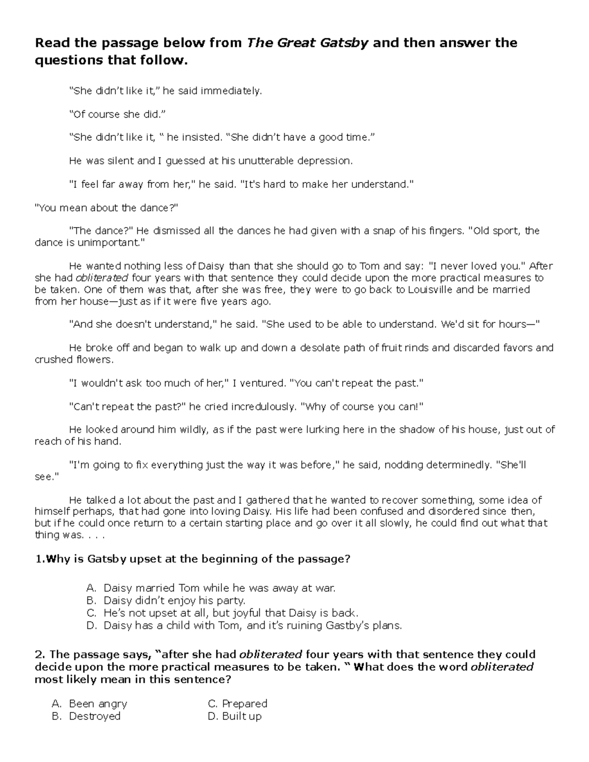 Gatsby movie test passage review - Read the passage below from The ...