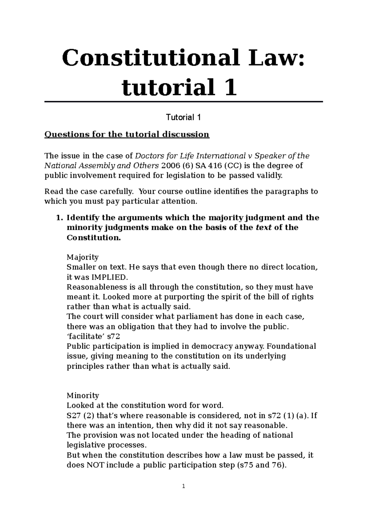Tutorial 1 Con Law - Large group - Constitutional Law: tutorial 1 ...