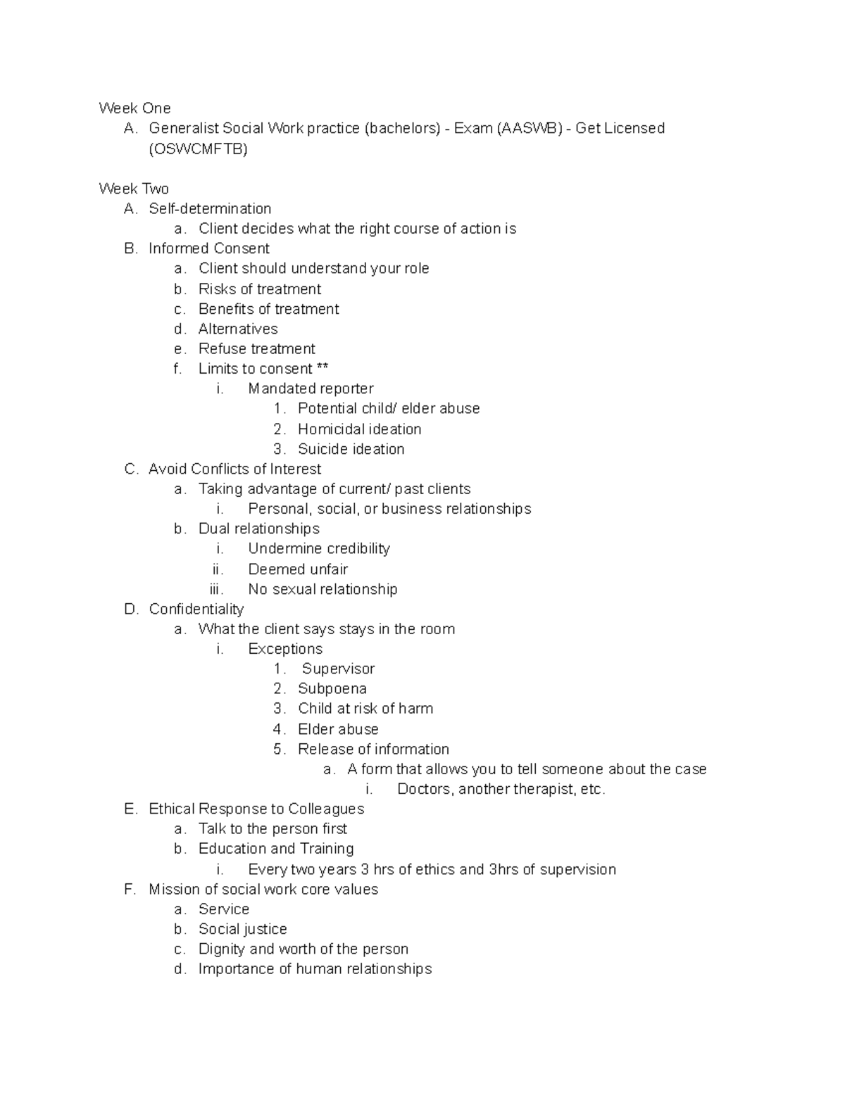 Intro To Social Work - Exam Notes - Week One A. Generalist Social Work