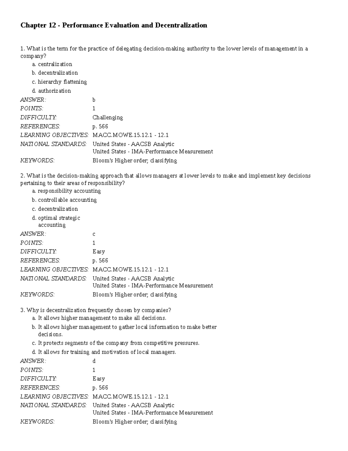 Managerial Accounting ch. 12 6th edition practice test questions and ...