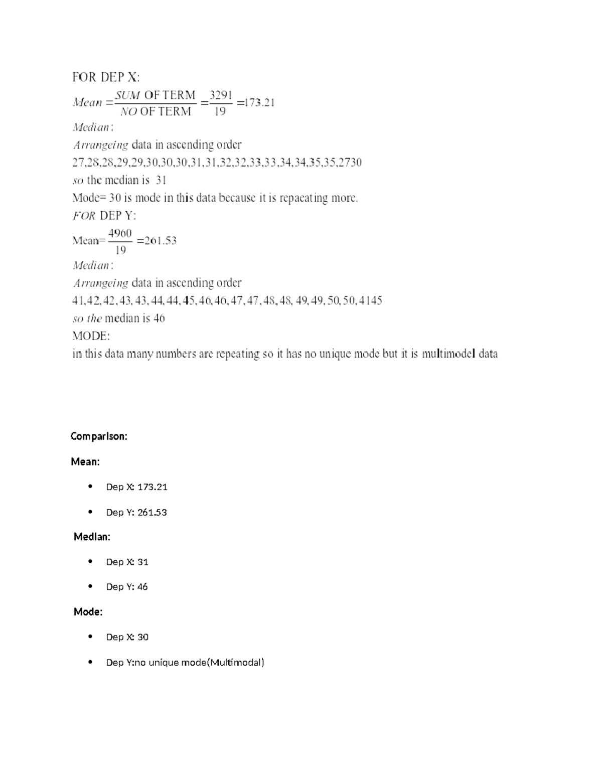 Mth 100Assigment 2 - assigment - Comparison: Mean: Dep X: 173. Dep Y ...