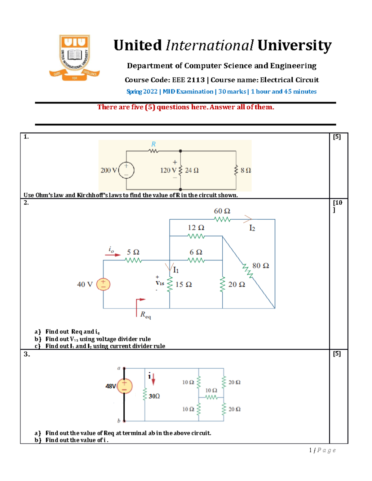 Mid Term Question 221 EEE2113 B QFN - United International University ...