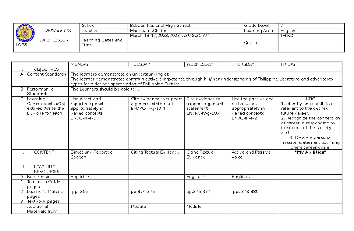 JHS Lesson LOG G-10 english 1 - GRADES 1 to 12 DAILY LESSON LOGS School ...