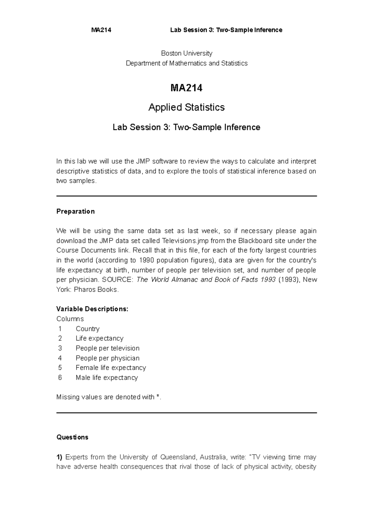 Lab3 Handout - ssss - MA214 - BU - Studocu