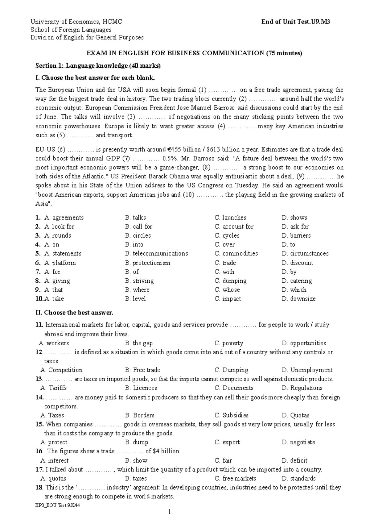 EOU Test HP3 Unit 9 - EOU Test HP3 Unit 9 have a key - University of ...