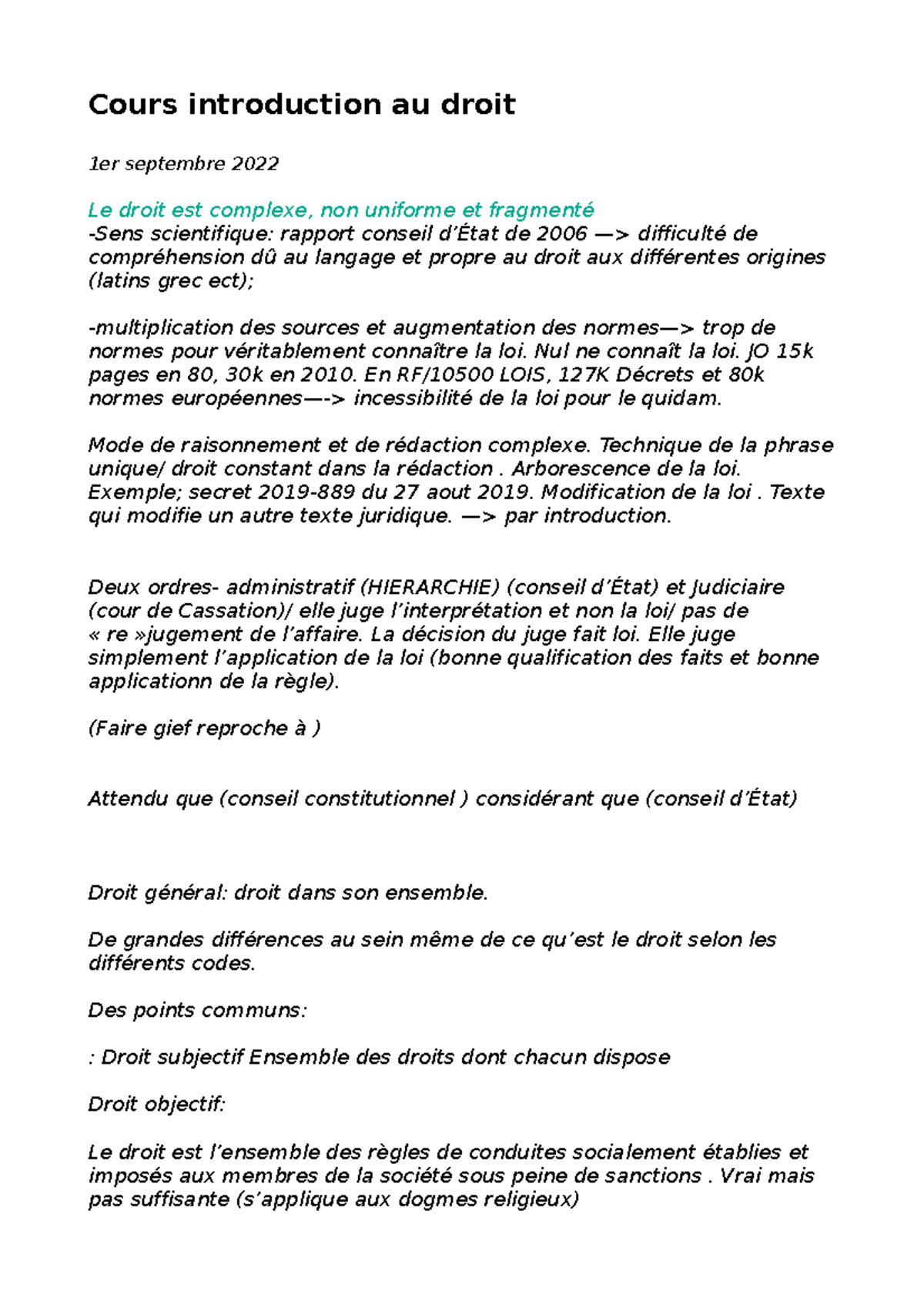 CM intro au droit kais - Cours introduction au droit 1er septembre 2022 Le droit est complexe ...