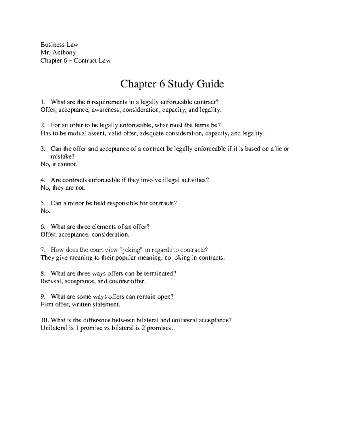 Business Law Ch 6 Study Guide - Business Law Mr. Anthony Chapter 6 ...