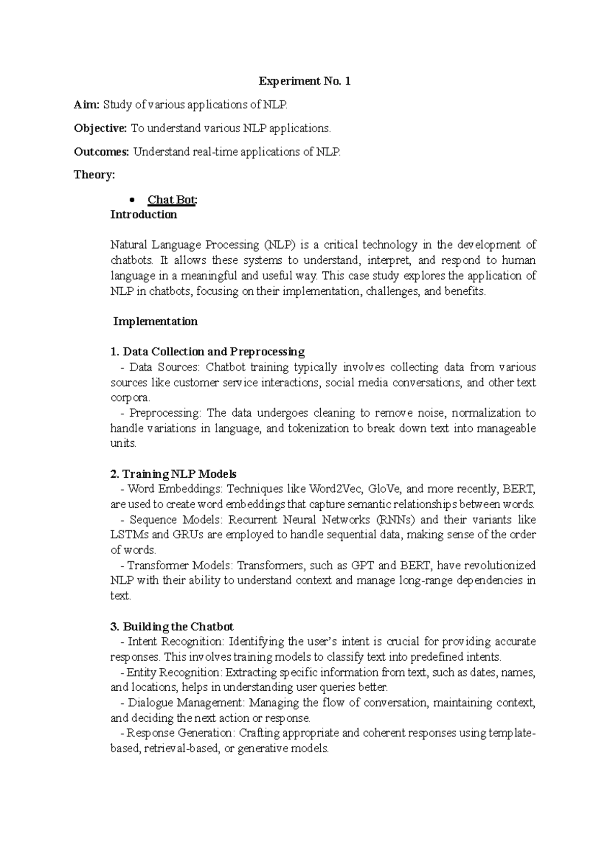 Experiment No1 nlp - Experiment No. 1 Aim: Study of various applications of NLP. Objective: To ...