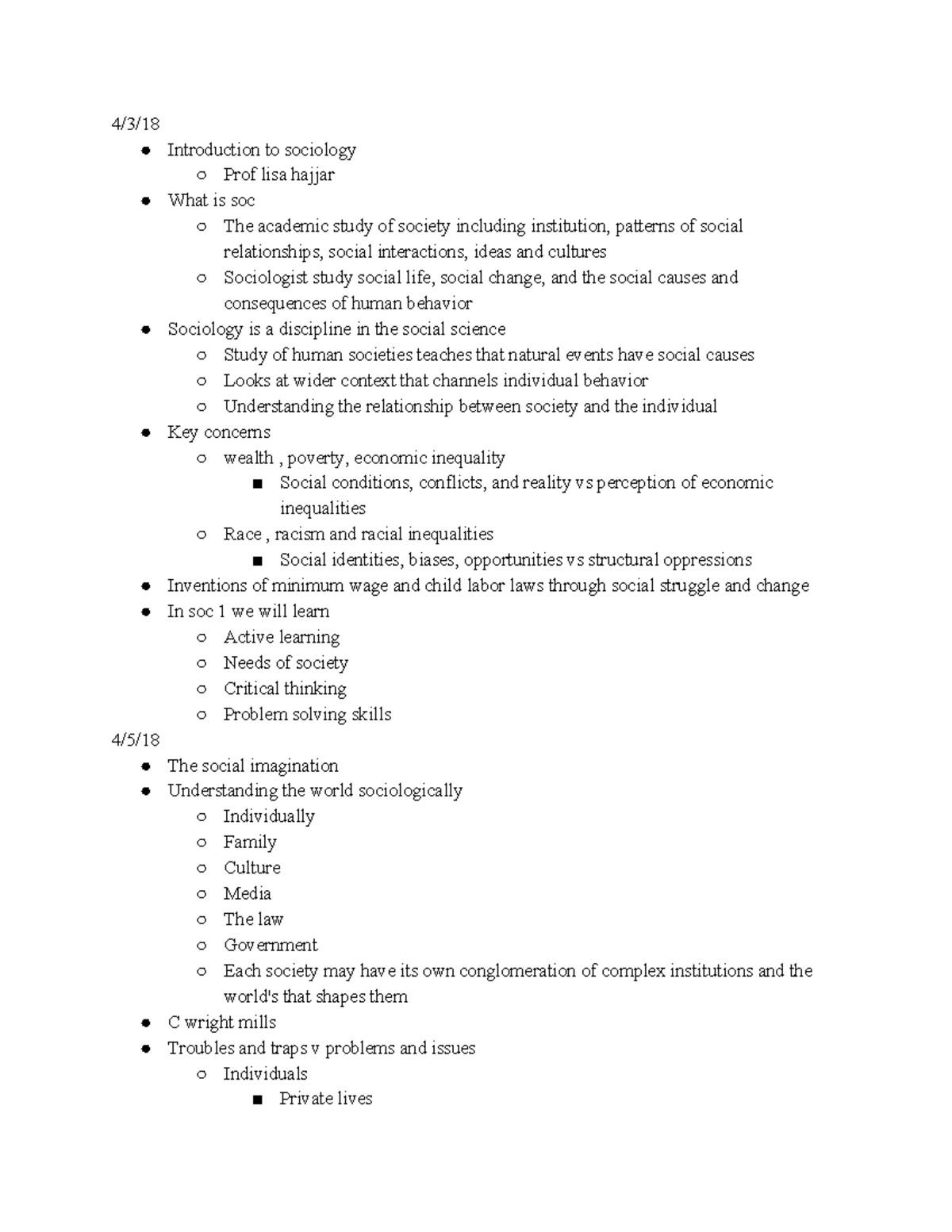 Lecture notes - 4/3/ Introduction to sociology Prof lisa hajjar What is ...
