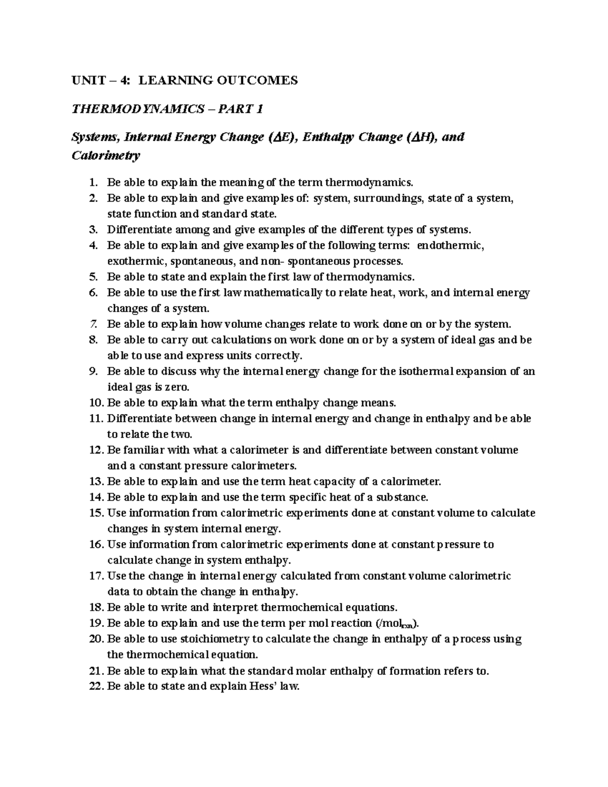 LO's Thermodynamics part 1 - UNIT – 4: LEARNING OUTCOMES THERMODYNAMICS ...