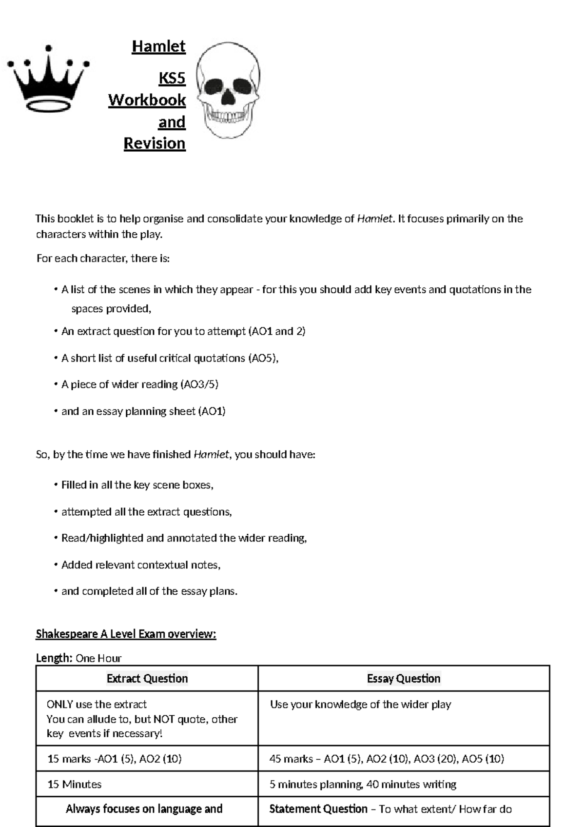 Hamlet Booklet - Hamlet KS Workbook and Revision This booklet is to ...