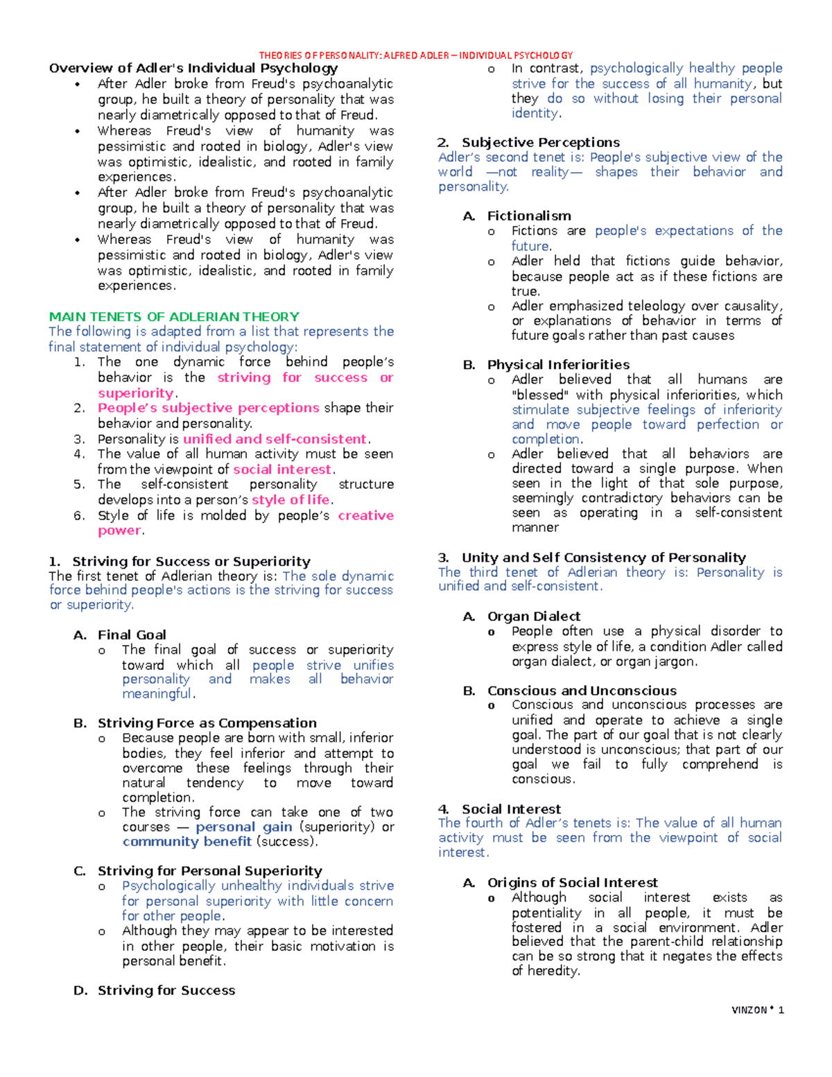 3 TOP Adler - BSPSY Year 1 - THEORIES OF PERSONALITY: ALFRED ADLER ...