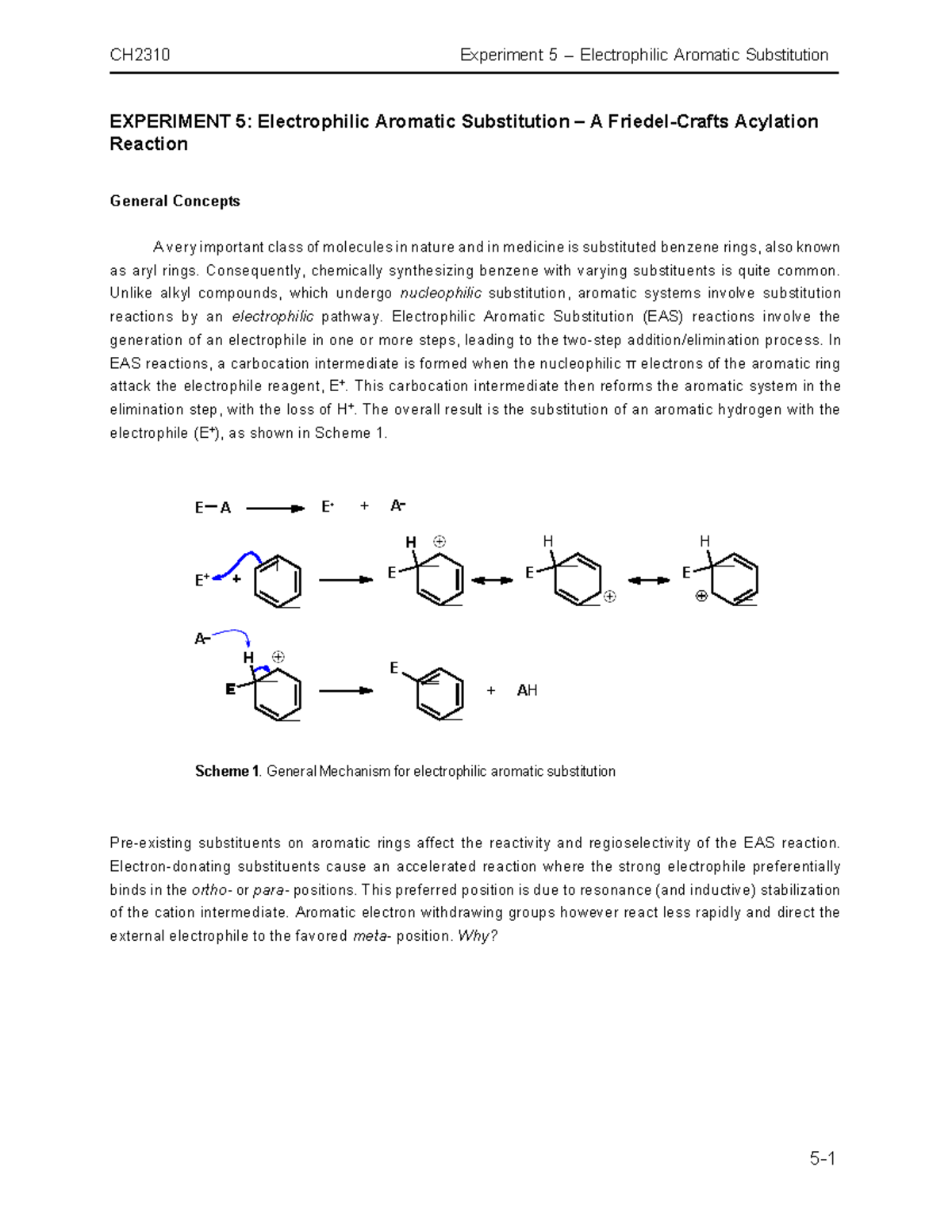 Experiment 5 2022 FC alkylation - EXPERIMENT 5: Electrophilic Aromatic Substitution – A - Studocu