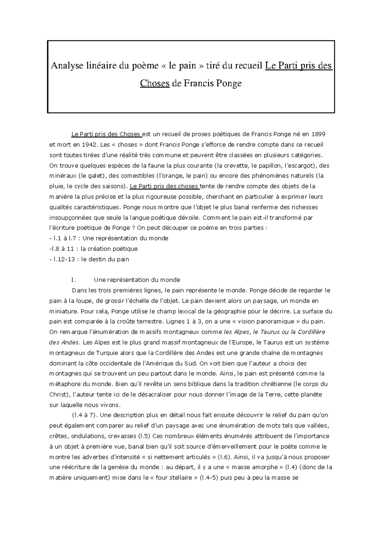Explication linéaire Le pain - Analyse linéaire du poème « le pain ...