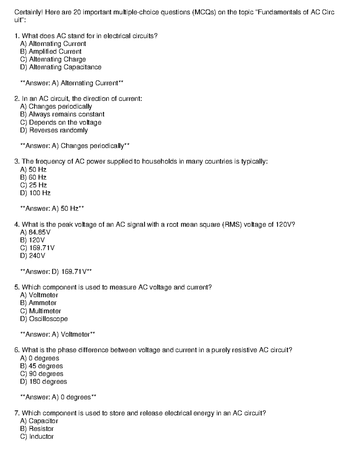 Fundamentals OF AC Circuit - Certainly! Here are 20 important multiple ...